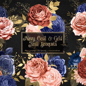 Coral Navy Gold Floral Bouquets Clipart (digital Download) - Etsy