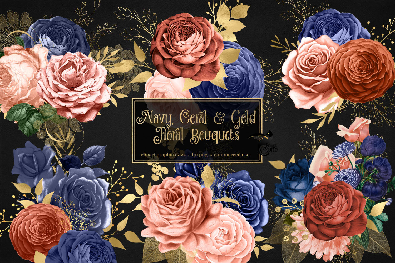 Coral Navy Gold Floral Bouquets Clipart, Digital Instant Download ...