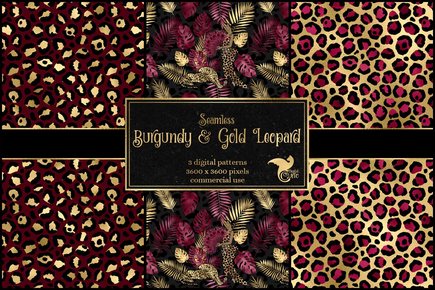 Burgundy Gold Leopard Print, Seamless Art Deco Patterns (digital ...