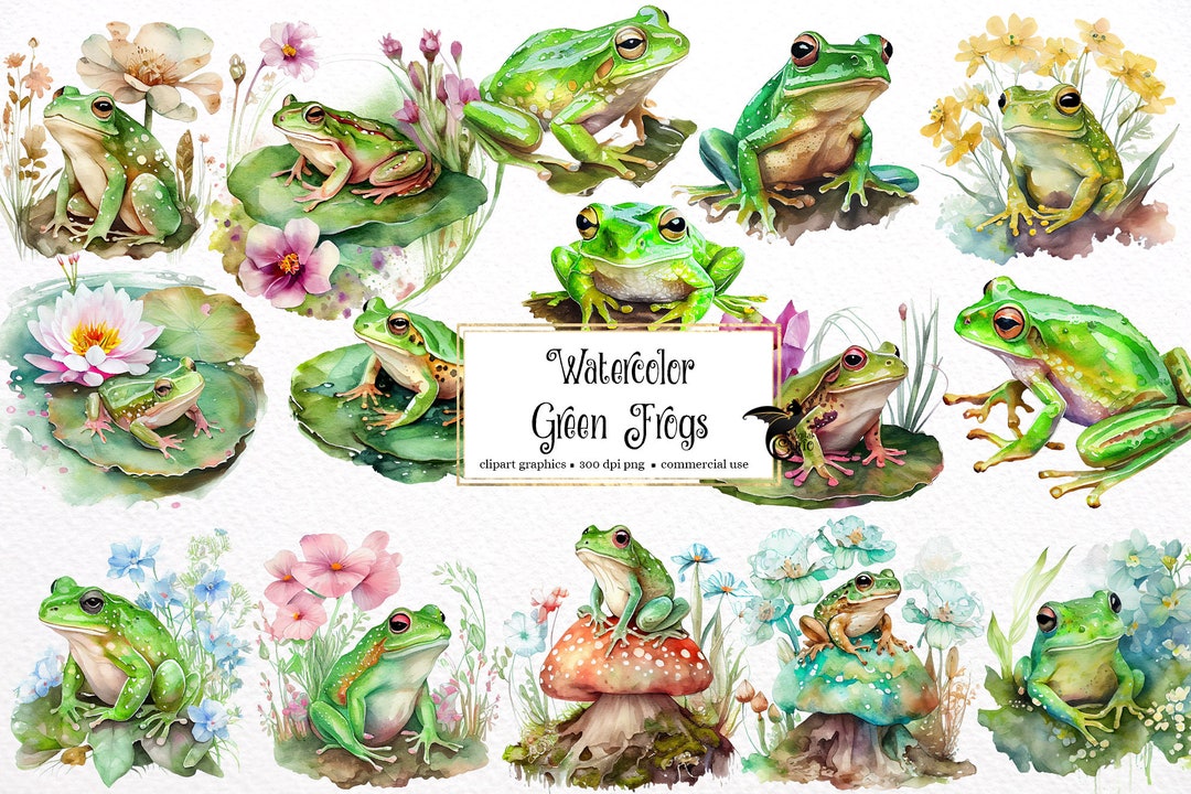 Watercolor Green Frogs Clipart - Cute Frog Floral Clip Art in PNG ...