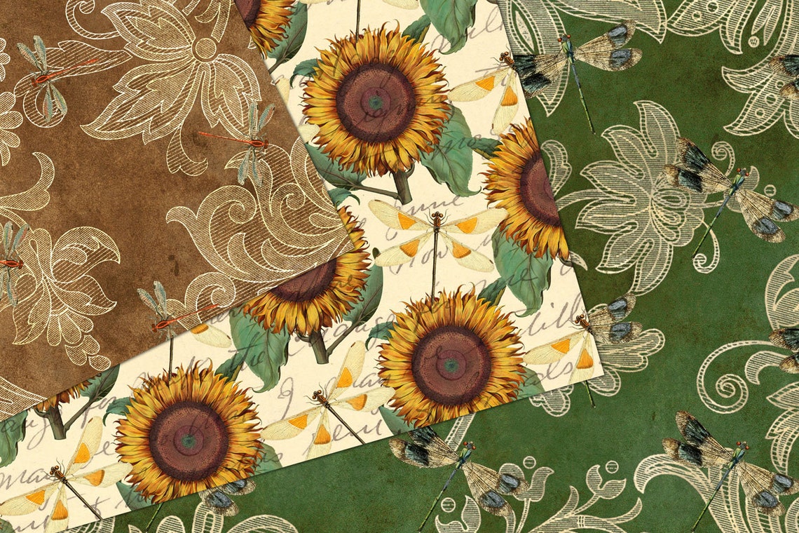 Dragonflies and Sunflowers Digital Paper Seamless Dragonfly - Etsy