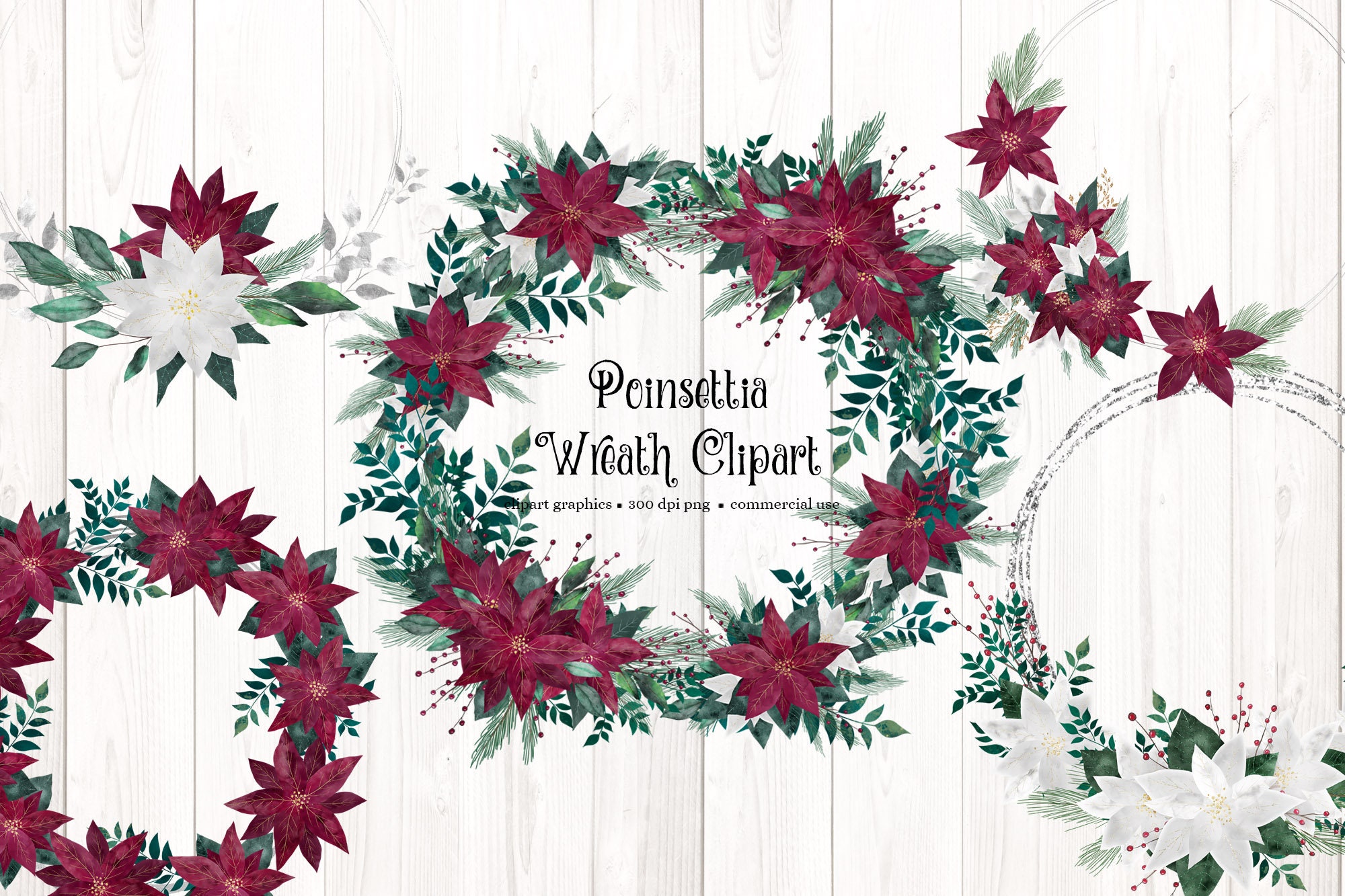 Poinsettia Wreath Clipart Christmas Floral Wreath Clip Art in | Etsy