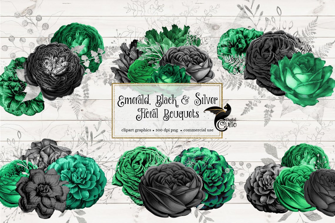 Emerald Black and Silver Floral Bouquets Clipart Digital | Etsy