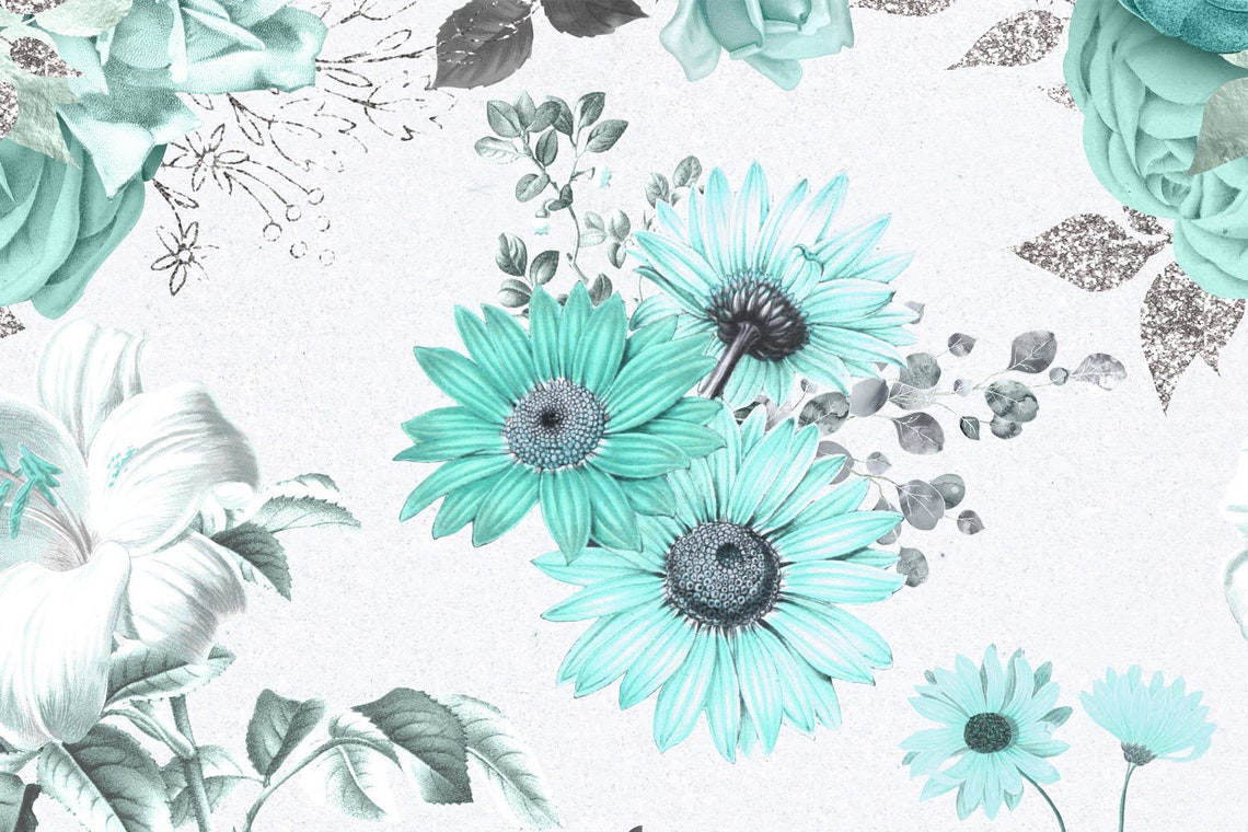 Turquoise Floral Digital Paper Seamless Backgrounds With Aqua - Etsy