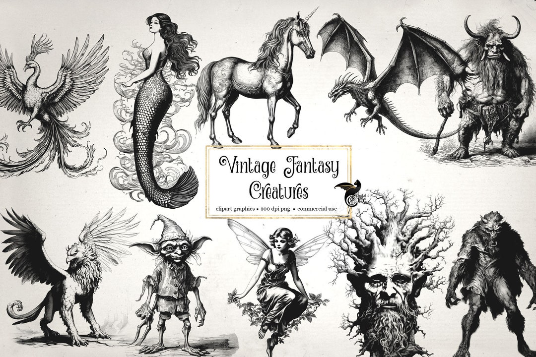 Vintage Fantasy Creatures Clipart, Antique Medieval Illustrations Clip ...