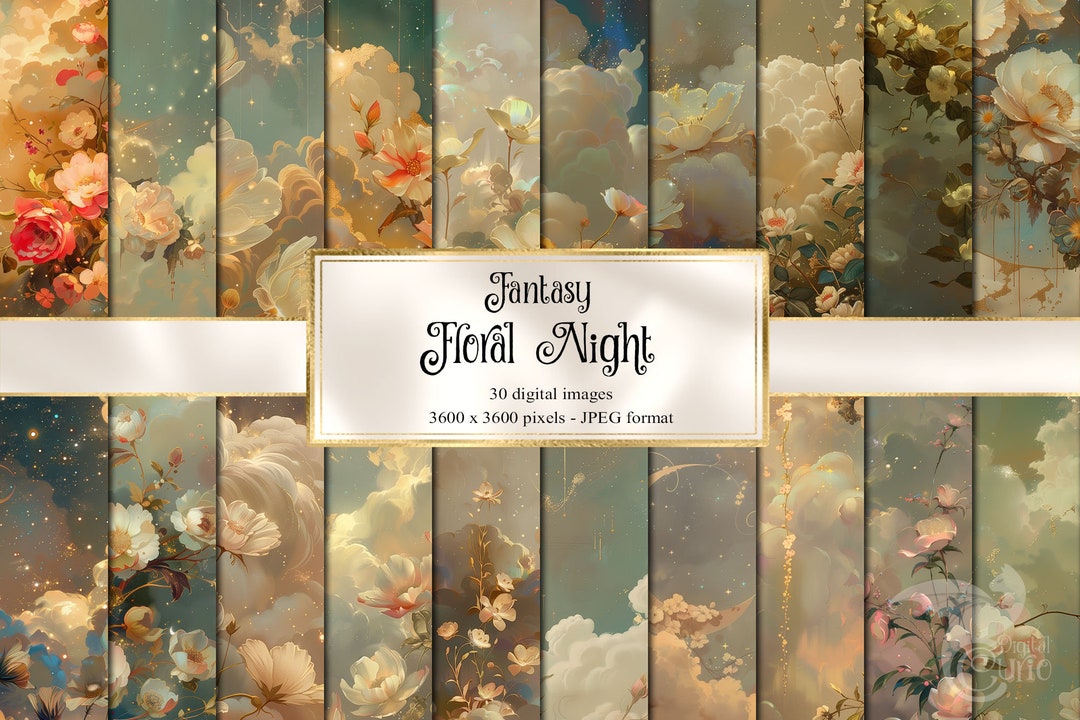 Fantasy Floral Night Digital Paper, Celestial Digital Paper Fantasy ...