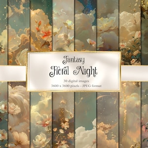 Fantasy Floral Night Digital Paper, Celestial Digital Paper Fantasy ...