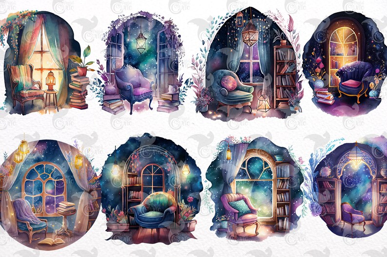 Watercolor Fantasy Reading Nooks Clipart Galaxy Book Nooks - Etsy