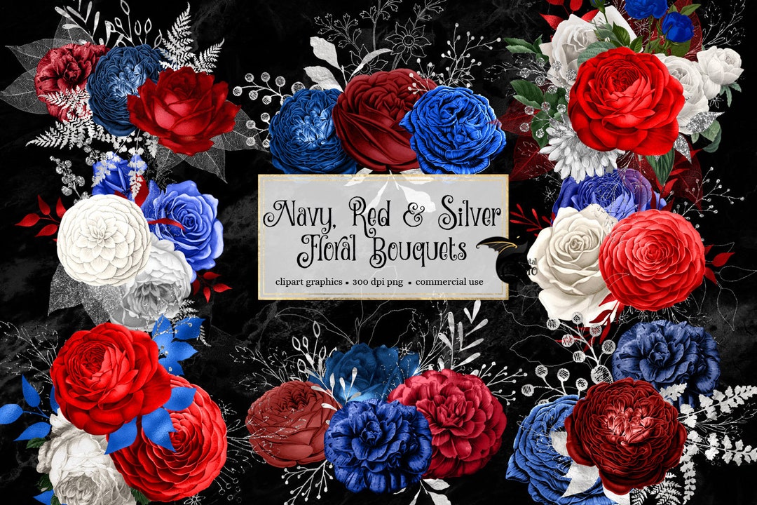 Navy Red and Silver Floral Bouquets Clipart, Red and Navy Blue ...