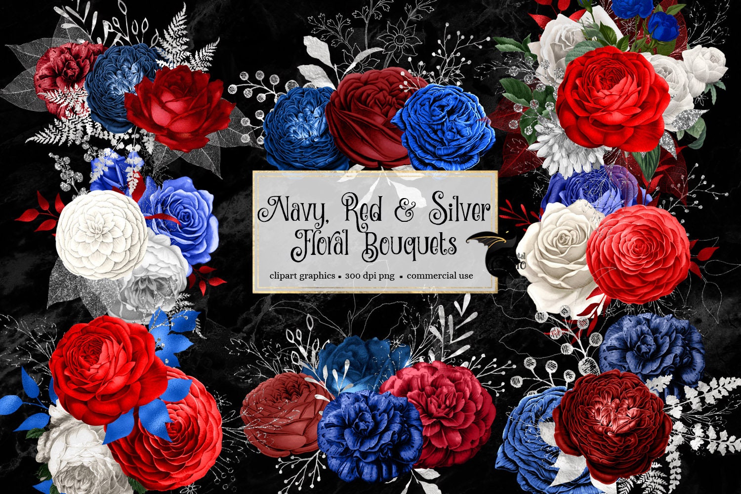 Red, Navy, and Silver Floral Bouquets Clip Art (digital Download) - Etsy