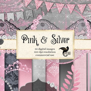Pink and Silver Digital Scrapbooking Kit, Clipart, Digital Paper ...