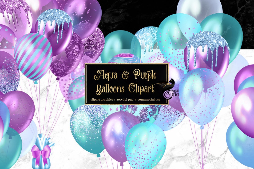 Aqua and Purple Balloons Clipart, Glitter and Foil Confetti Party ...
