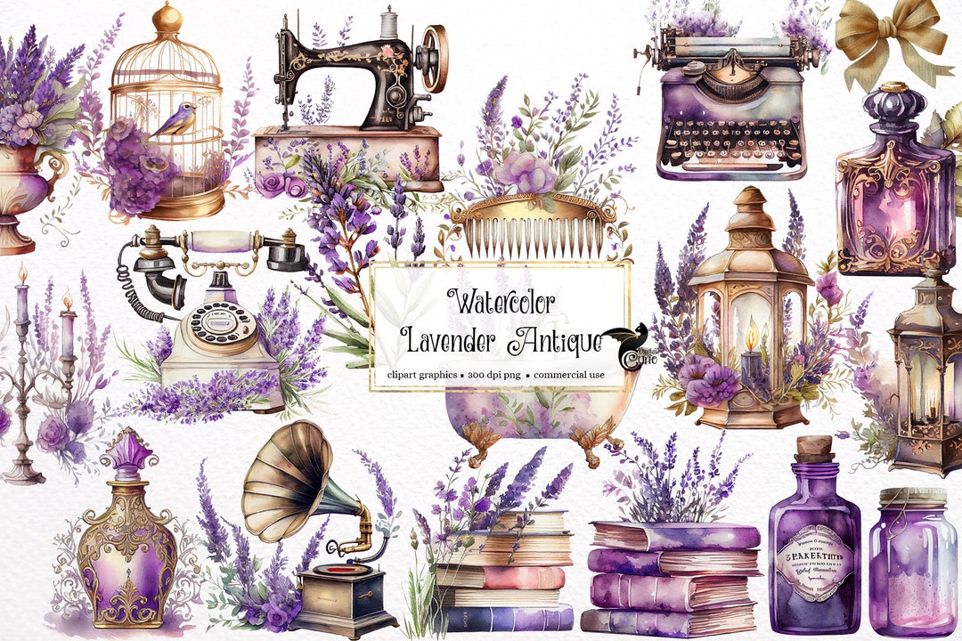 Watercolor Lavender Antique Clipart - Vintage Shabby PNG Format Instant ...