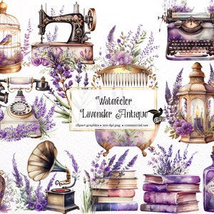 Watercolor Lavender Antique Clipart - Vintage Shabby PNG Format Instant ...