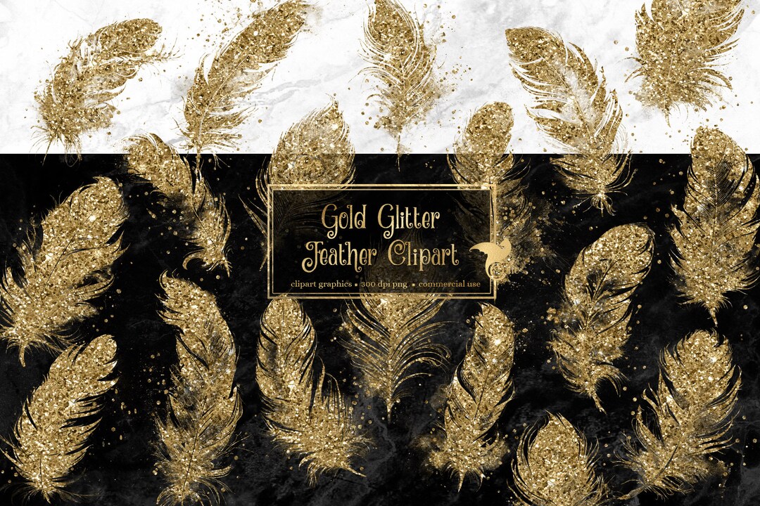 Gold Glitter Feathers Clipart, Digital Feather Clipart Illustrations ...