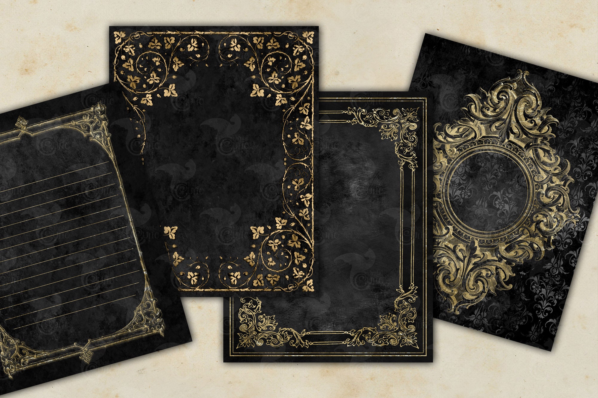 Black and Gold Framed Journal Paper, Printable Scrapbooking (digital ...