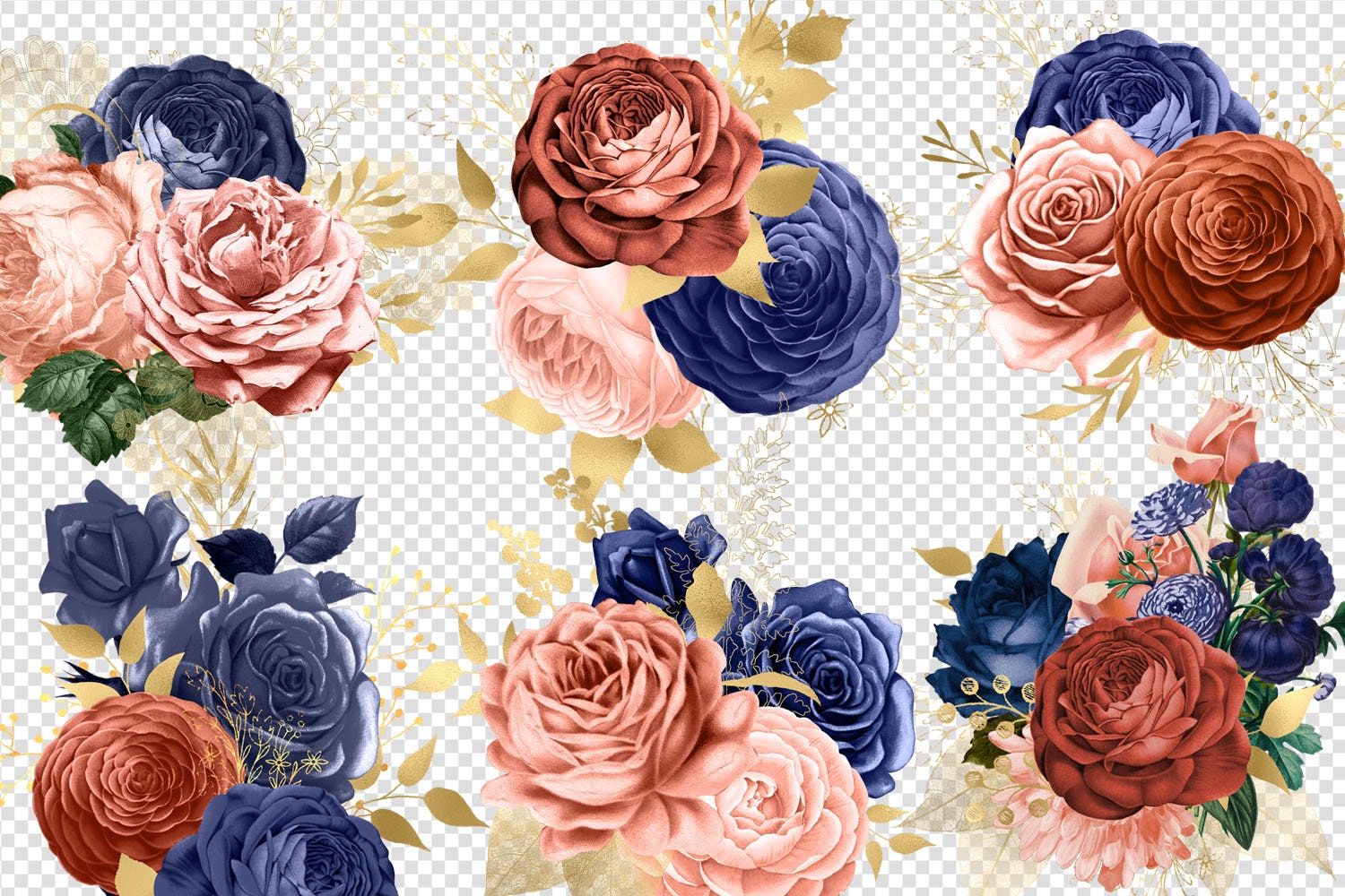Coral Navy Gold Floral Bouquets Clipart, Digital Instant Download ...