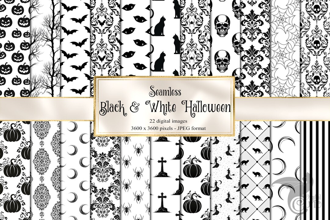 Black and White Halloween Digital Paper, Seamless Witch and Skull Beige ...