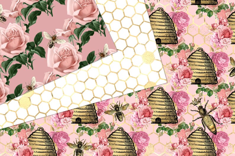 Pink and Gold Bees Digital Paper – Seamless Floral Patterns (digital ...