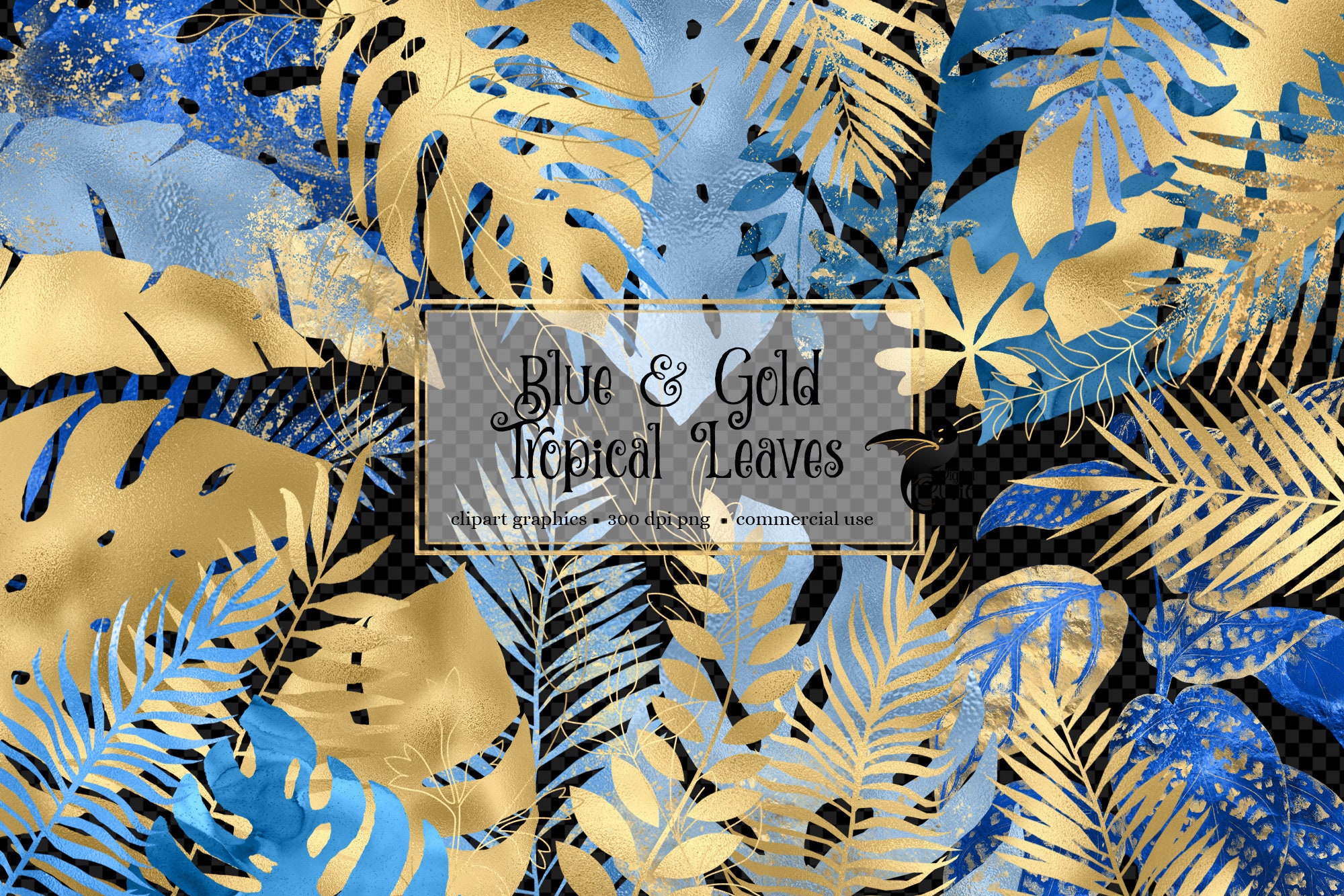 Blue & Gold Foil Tropical Leaf Clipart, PNG Graphics (digital Download ...