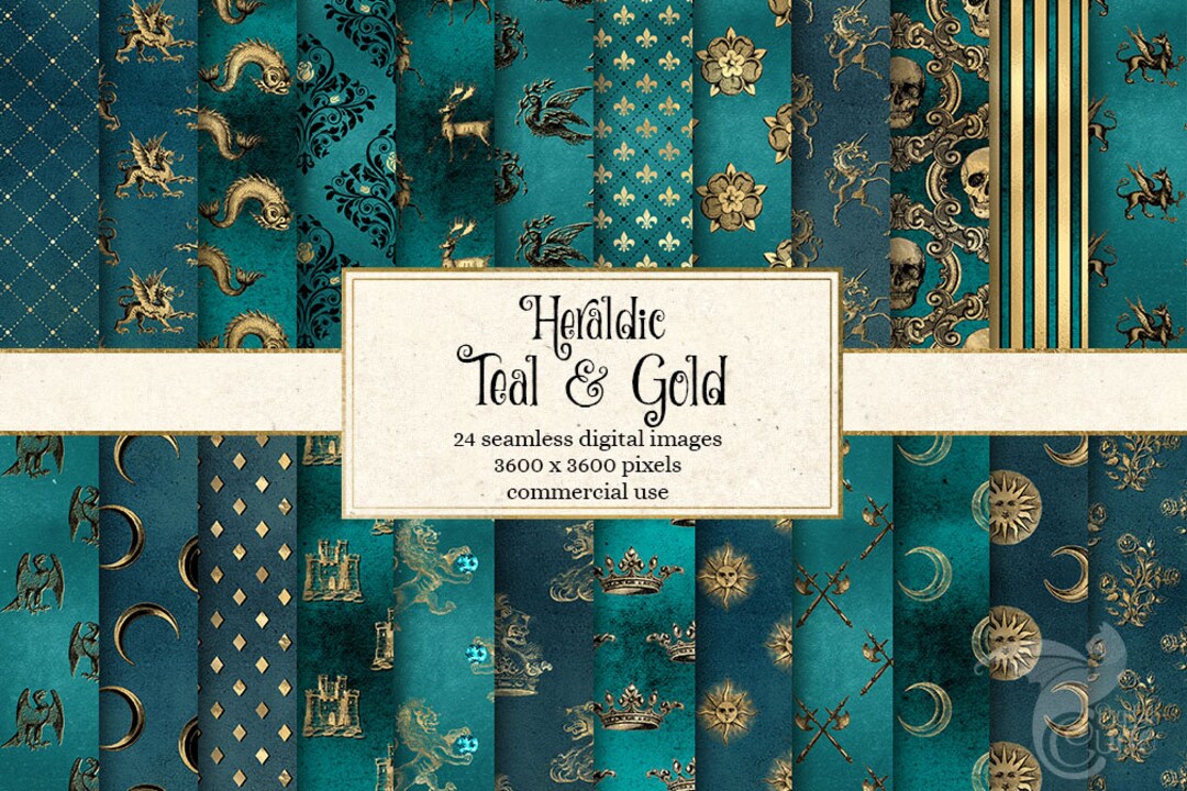 Teal and Gold Heraldic Digital Paper, Medieval Seamless Patterns ...