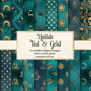Heraldic Teal and Gold Digital Paper, Seamless Patterns, Medieval ...