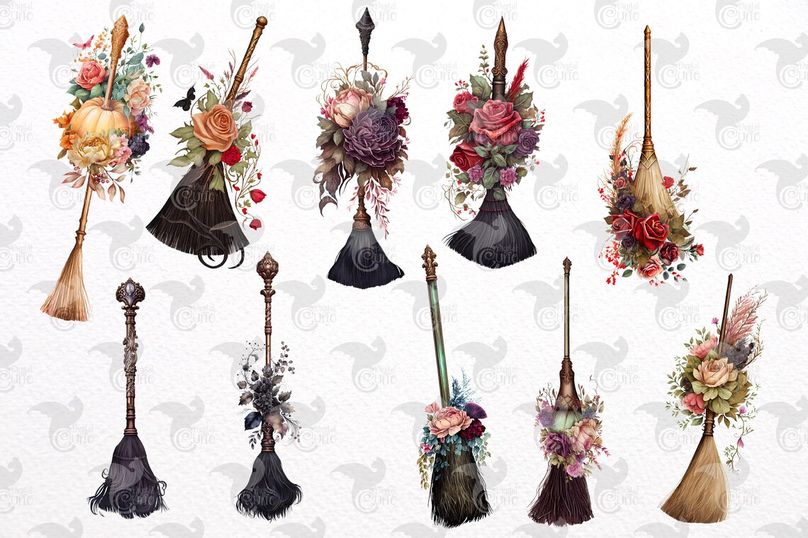 Watercolor Floral Brooms Clipart – Cottagecore Witch PNG (digital ...