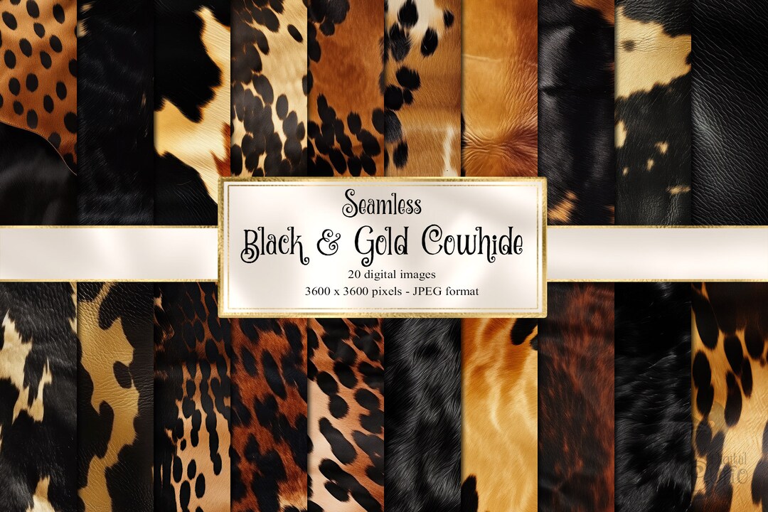 Black and Gold Cowhide Digital Paper, Seamless Leather Textures Digital ...