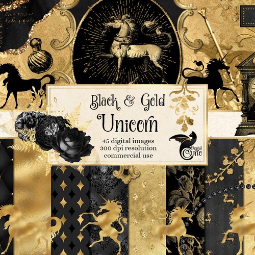 Black and Gold Unicorn Clipart Digital Scrapbooking Kit Gold - Etsy