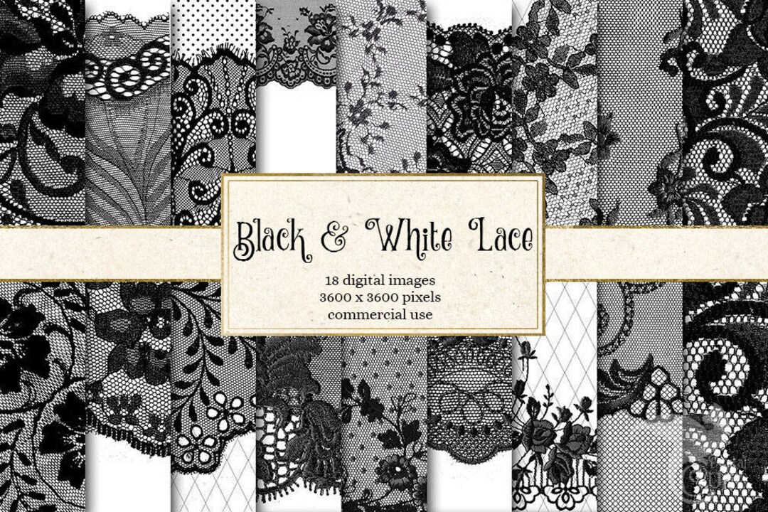 Black and White Lace Digital Paper, Black and White Scrapbook Paper ...