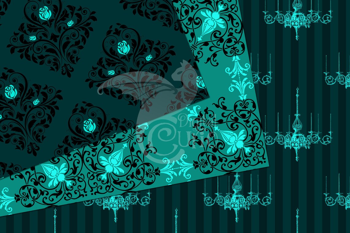 Teal Gothic Digital Paper Seamless Skull Damask Halloween | Etsy