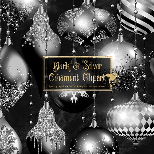 Black and Gold Christmas Ornaments Clipart Digital Glitter - Etsy