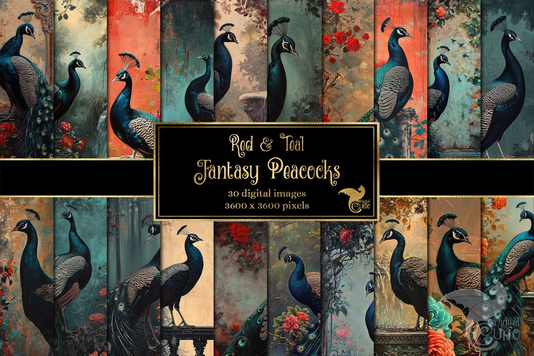 Red and Teal Fantasy Peacocks Digital Paper, Dark Gothic Digital Paper ...