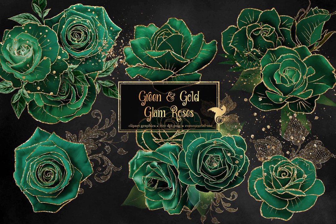 Green and Gold Glam Rose Clip Art Digital Instant Download - Etsy