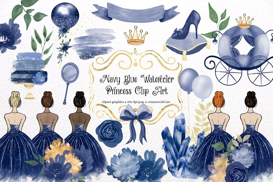 Navy Blue Watercolor Princess Clipart - Couture Glitter Watercolor Clip ...