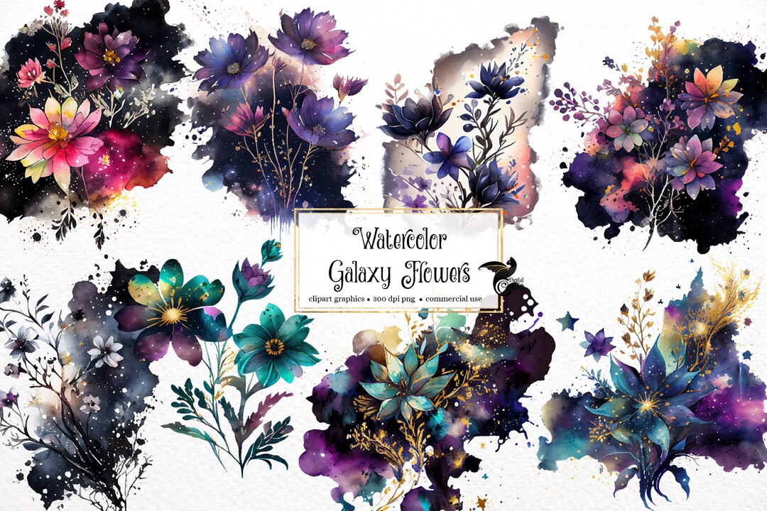 Watercolor Galaxy Flowers Clipart - Celestial Fantasy PNG Format ...