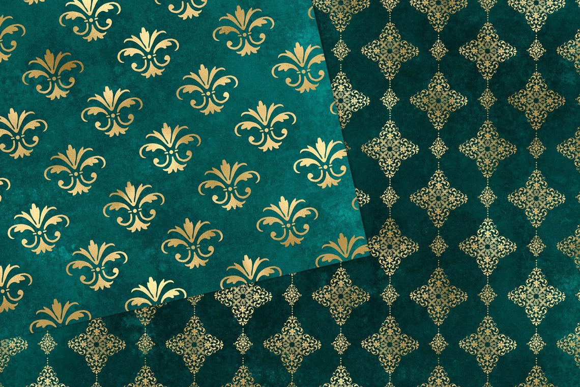 Turquoise and Gold Damask Digital Paper Seamless Damask | Etsy