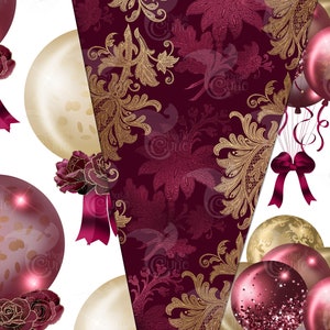 Burgundy and Gold Glam Balloons Digital Paper - Seamless Patterns ...