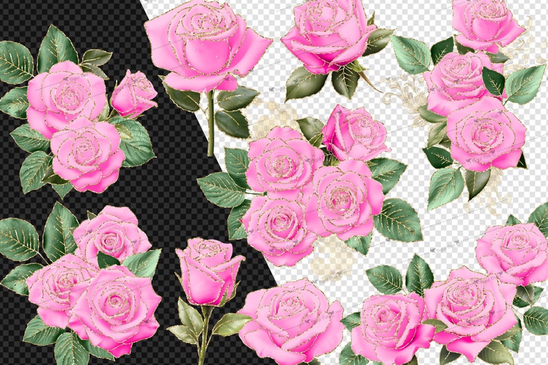 Hot Pink and Gold Rose Clip Art, Glitter Flower PNG (digital Download ...