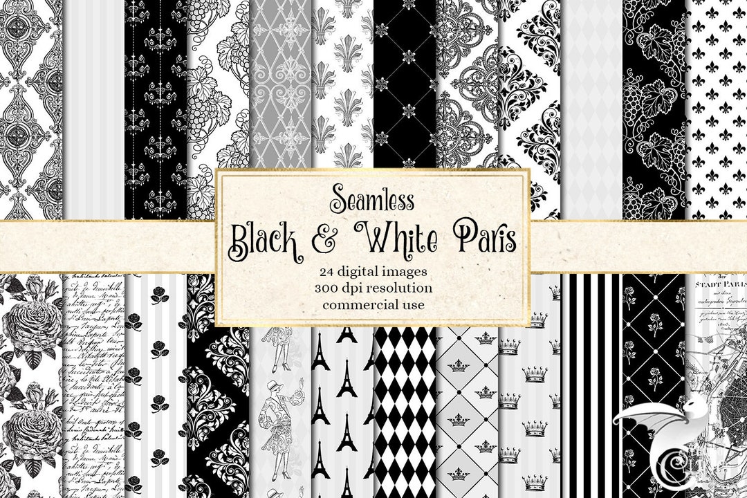 Black and White Paris Digital Paper, Seamless French Patterns, With ...