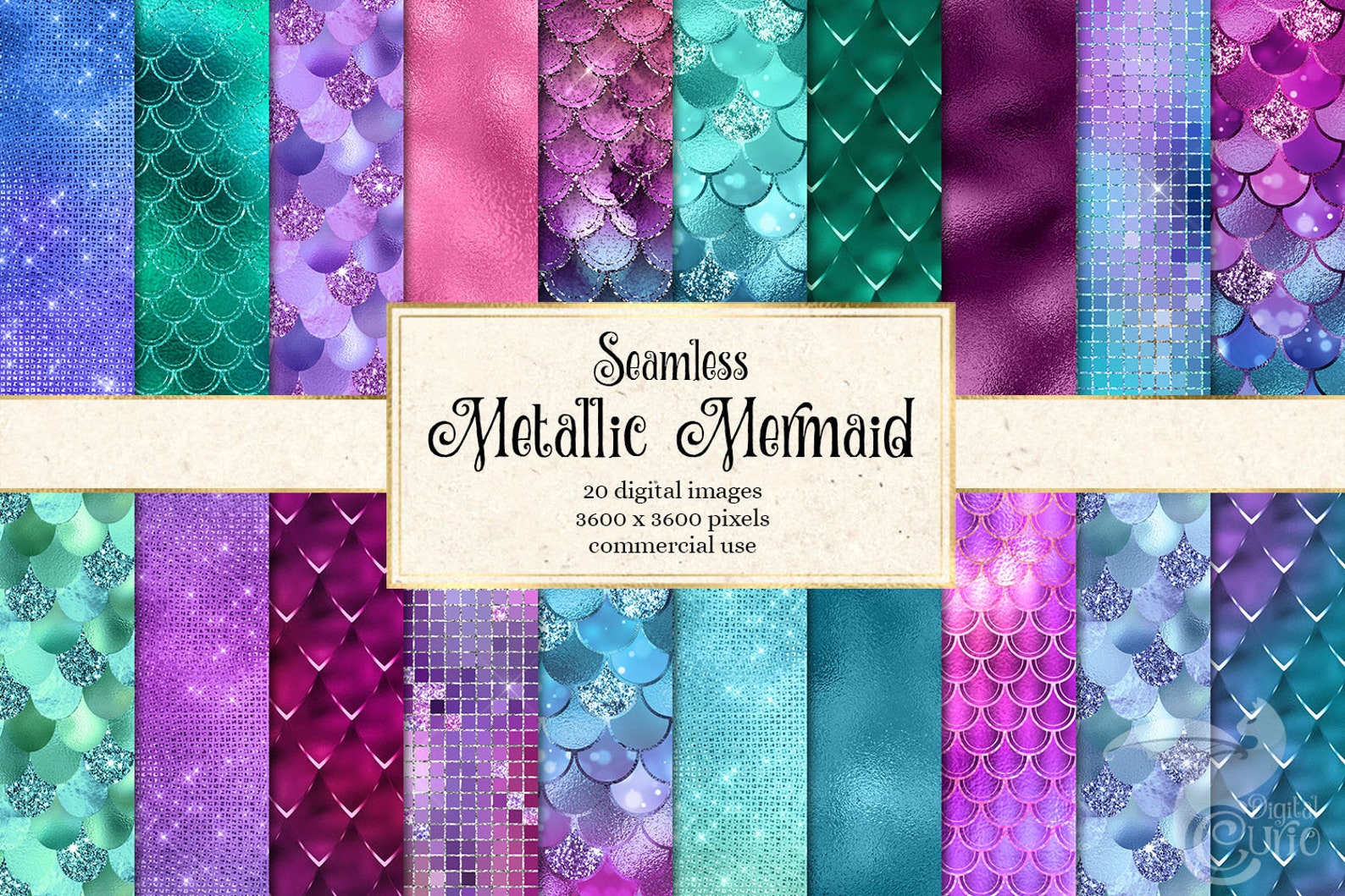 Metallic Mermaid Scales Digital Paper, Shimmering Foil Textures ...