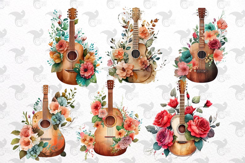 Watercolor Floral Guitars Clipart Floral Musical Instrument - Etsy