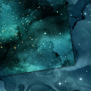 Teal Galaxy Digital Paper – Seamless Watercolor Texture, Gold Stars ...