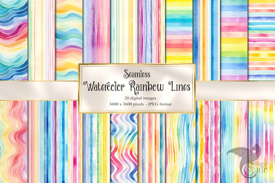 Watercolor Rainbow Lines Digital Paper, Seamless Stripes Printable ...
