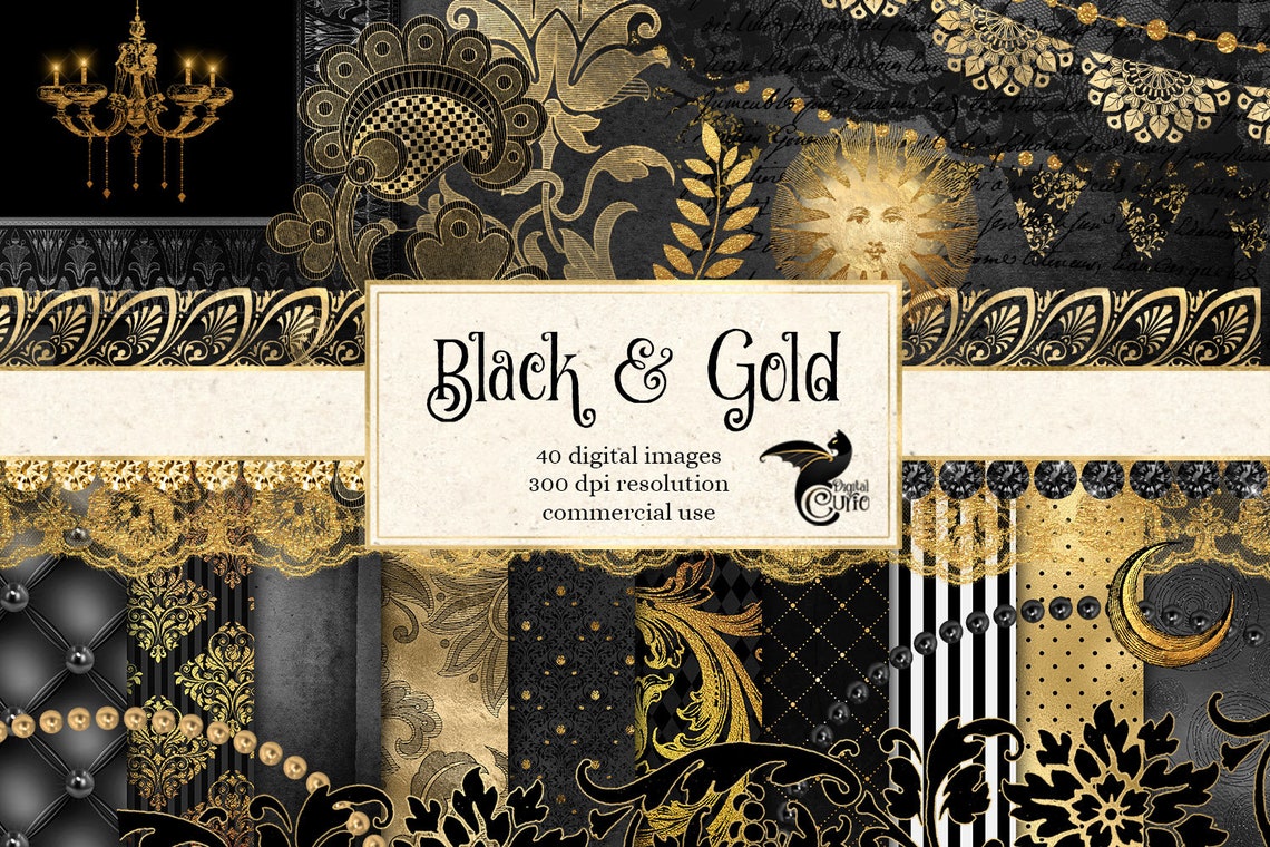 Black and Gold Digital Scrapbooking Kit Clipart and Digital - Etsy