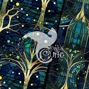 Stained Glass Celestial Trees Digital Paper, Seamless Printable Textures Printable Scrapbook ...