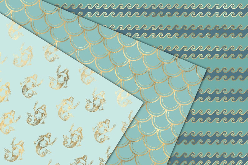 Golden Mermaid Digital Paper, Seamless Scrapbook Patterns (digital ...