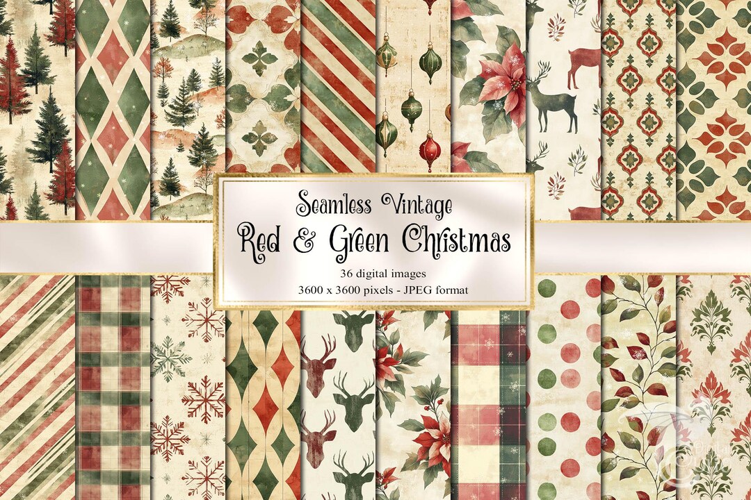 Vintage Red and Green Christmas Digital Paper, Seamless Holiday ...