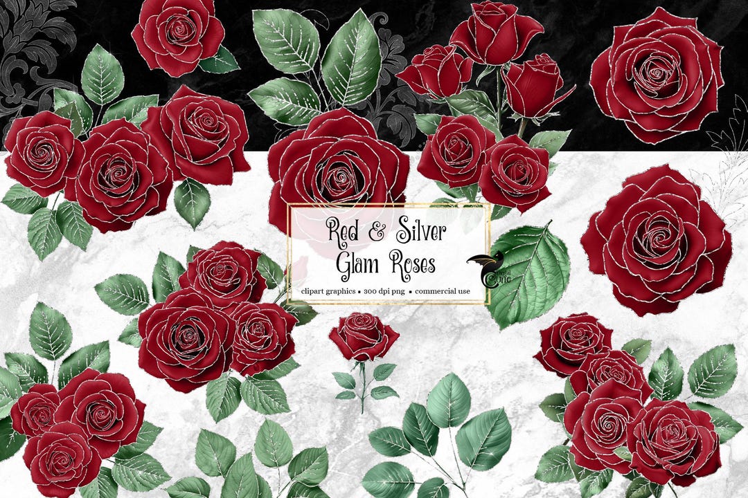 Red and Silver Glam Rose Clip Art, Digital Instant Download Glitter ...