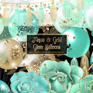 Aqua and Gold Glam Balloons Clipart – Party Invitation Graphics ...